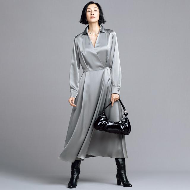 トリアセテート混 サテン カシュクール風 ワンピース ワンピース マキシワンピース ロングワンピース 108201