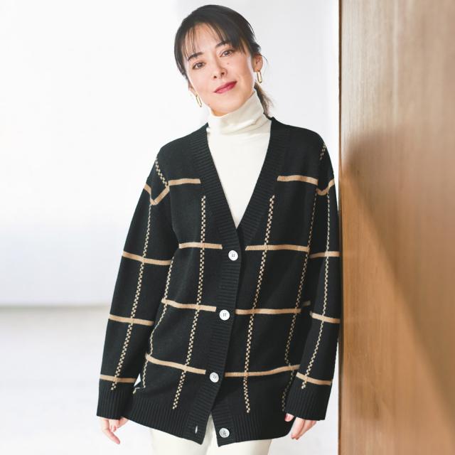 カシミヤニット ウィンドウペーン インターシャ カーディガン ニット セーター ニットカーディガン A27401