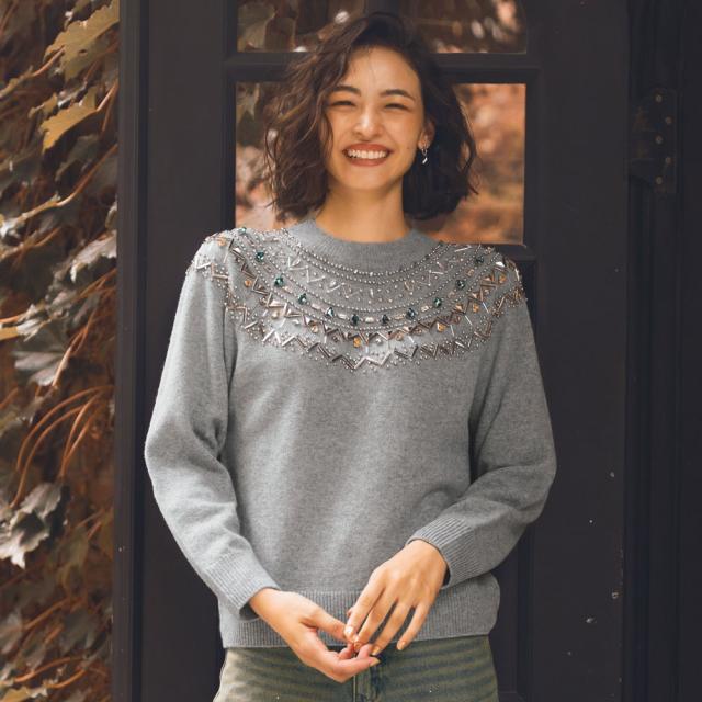 ビジュー使い ウールニット プルオーバー ニット セーター ニットセーター 133002