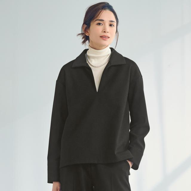 ウール混 圧縮スムース スキッパー トップス シャツ ブラウス 133401