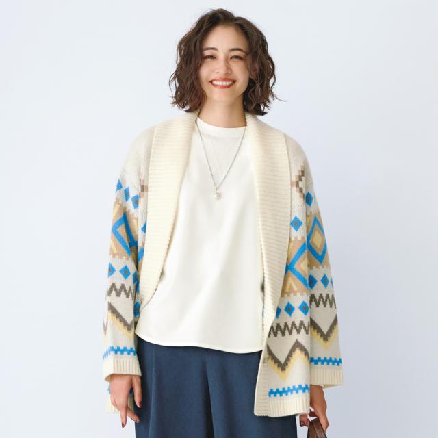 カウチン風 ダブルジャカード ニットコーディガン ニット セーター ニットジャケット ニットコート 136001