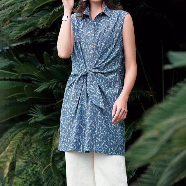 抜染プリント ウエストデザイン ブラウス ファッション シャツ ブラウス PC5429