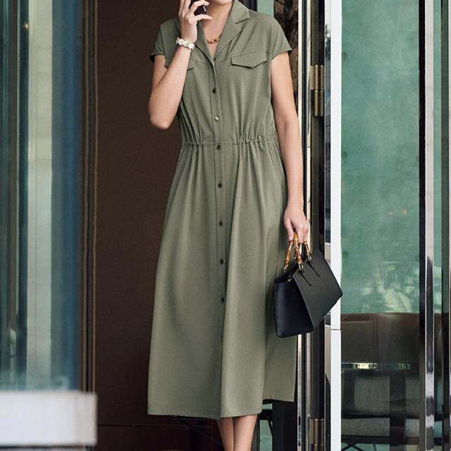 接触冷感 ストレッチツイル サファリ風ワンピース ファッション ワンピース PC5432