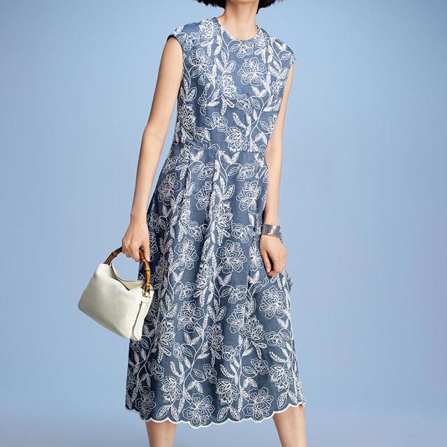 トルコ素材 デニム調コットンリネン 刺しゅう ワンピース ファッション ワンピース PC5433