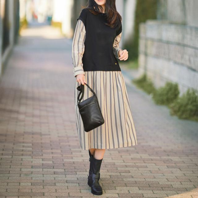 TEEE/ティー ストライプドッキング コットンワンピース ファッション ワンピース PC5446