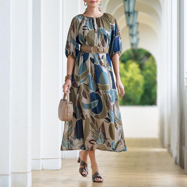 エリカ社 シフォン楊柳 フルーツプリントワンピース ファッション ワンピース PC5450