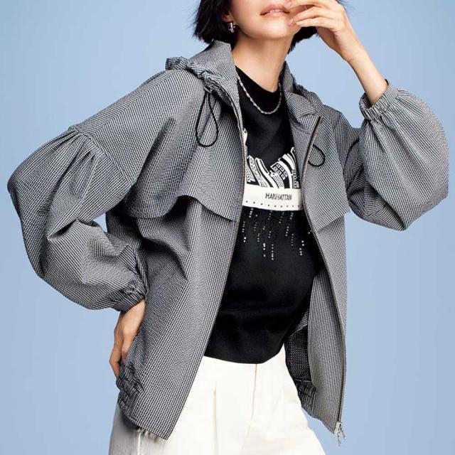 リップルチェック ボリュームスリーブ フーデッドブルゾン ファッション ジャケット PC5458