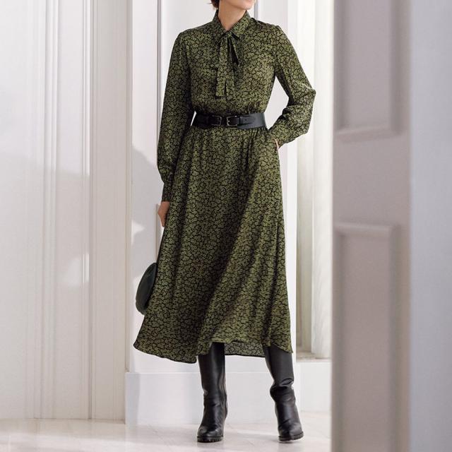 イタリア素材 花柄ボウタイワンピース ファッション ワンピース PC5462