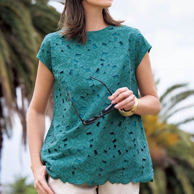 バラモチーフ カットワーク刺しゅう プルオーバー ファッション シャツ ブラウス PC5513