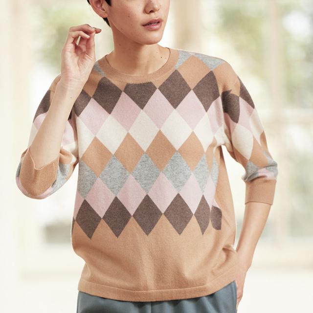 ウールカシミヤインターシャ アーガイル柄プルオーバー ファッション ニット セーター PC5991