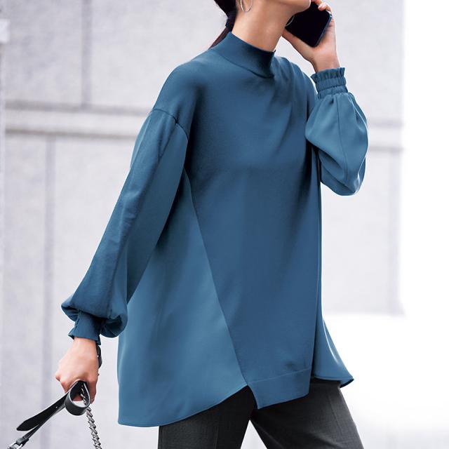 異素材使い パフスリーブ チュニック ファッション シャツ ブラウス PC6026