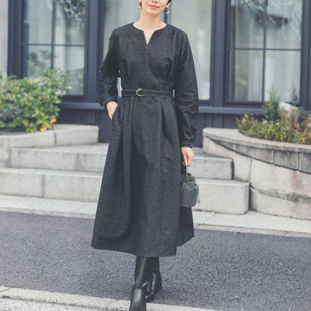 デニム調裏起毛 ウエストタックワンピース ファッション ワンピース PC6054