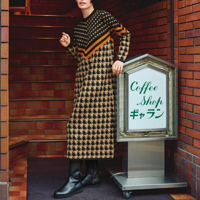 ライン入り千鳥柄 ジャカード ニットワンピース ファッション ワンピース PC5870