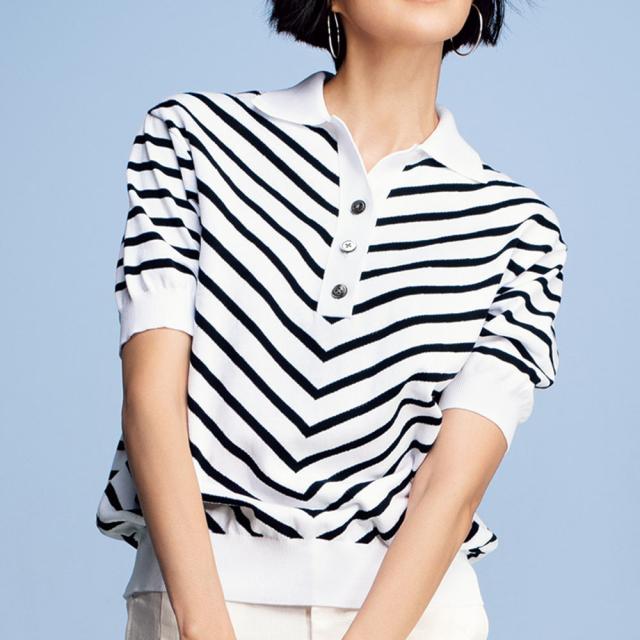 イタリアコットン糸 バイアスボーダーポロニット ファッション ニット セーター PC5534