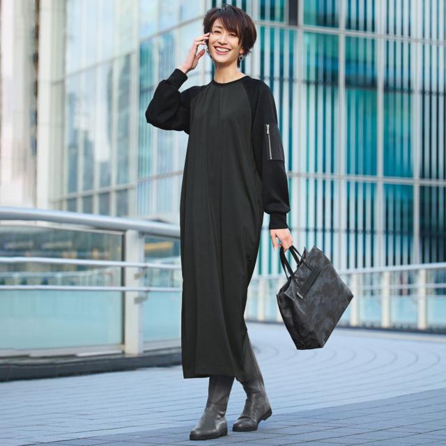 異素材使い ラグランスリーブ ワンピース ワンピース ジャージーワンピース A31401