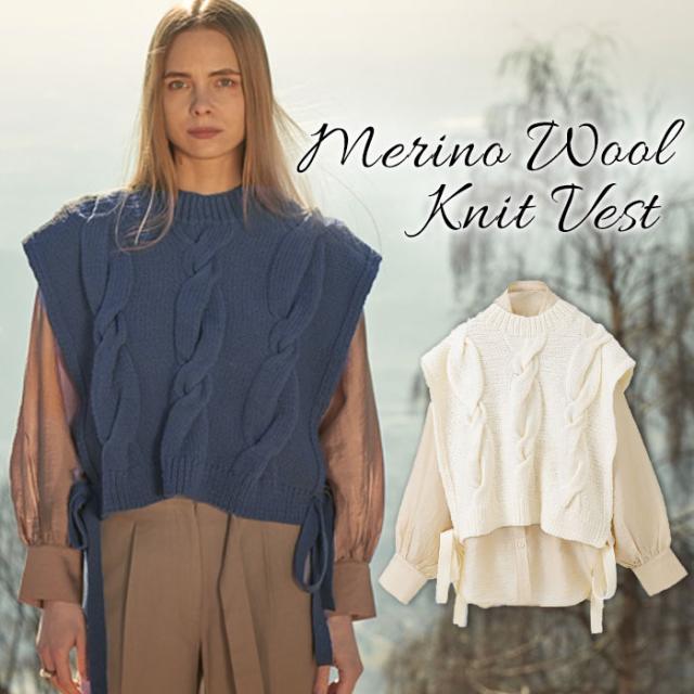 MIND 手編みニットベストセット 通販 ブラウス ニットベスト セット 長袖 シャツ バンドカラー レディース ボリュームスリーブ ボリューム袖 前開き 手編みケーブルニット おしゃれ ブランド マインド 121F011 トップス レディースファッション