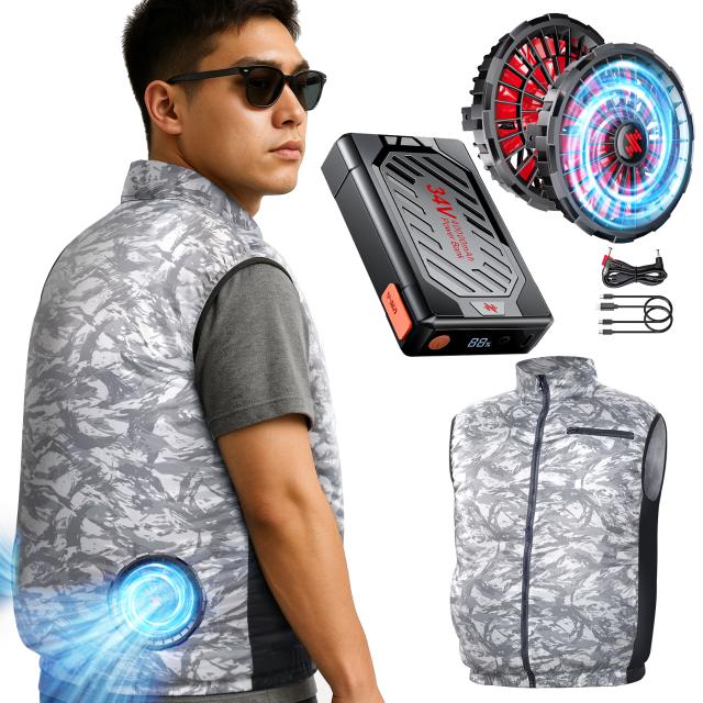 [Vivisan] 2025新設計 34V超高出力 ？ 体感-16℃ 空調作業服 「300円クーポン+10倍ポイント」ベスト ファン付き作業服 日本製ブラシレスDCモーター 16~34V出力 暴風 強力 風量200%UP ファン付きベスト 冷却服 UVカット 40000mAh 熱中症対策