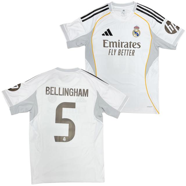 アディダス レアル・マドリード 25-26 ホーム レプリカユニフォーム ホワイト #5 ジュード・ベリンガム サッカー レプリカウェア ネーム入り KRN60-NUMBER-5