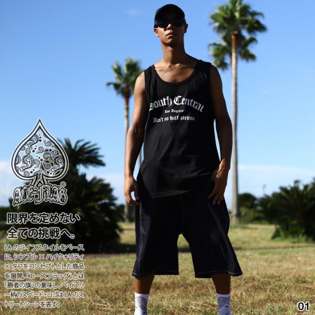 ACE FLAG 上下セット ノースリーブ ブランド デニム ハーフパンツ コメンズ 黒/白 大きいサイズ エースフラッグ セットアップ South Central サウスセントラル b系 ストリート系 ハイ 夏 新作 AF-SE-TK-023