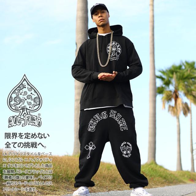 ACE FLAG 上下セット 長袖 ブランド メンズ 春秋冬用 黒 大きいサイズ エースフラッグ セットアップ パーカー フーディ 上下 THUG LIFE サグライフ 馬蹄 2pac 十字架 b系 ヒップホップ ストリート系 ハイ 新作 AF-SE-PA-047