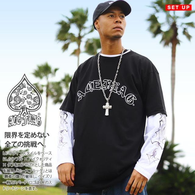 ACE FLAG セットアップ 重ね着 半袖 Tシャツ 長袖 ロンT コットン メンズ 黒 大きいサイズ エースフラッグ レイヤード ピンストライプ 袖ロゴ ライン ローライダー チカーノ b系 ヒップホップ 新作 AF-SE-LT-089