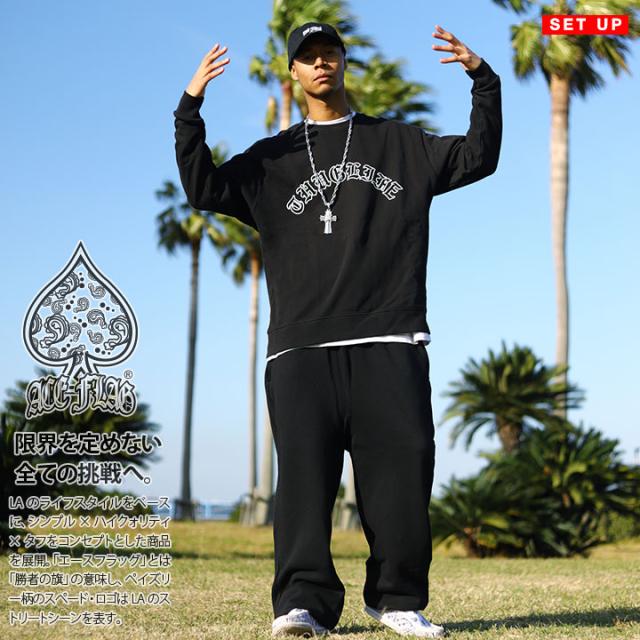 ACE FLAG 上下セット 長袖 メンズ 黒 大きいサイズ エースフラッグ セットアップ トレーナー 上下 Thug Life サグライフ 2pac Compton コンプトン LA ローライダー チカーノ b系 ヒップホップ ファッション ストリート系 ハイ 新作 AF-SE-SW-042