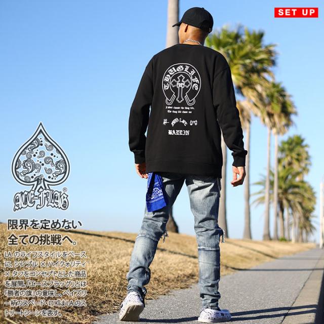 ACE FLAG 上下セット 長袖 ブランド メンズ 黒 大きいサイズ エースフラッグ セットアップ トレーナー 上下 ジーンズ デニム スリム 馬蹄 Thug Life サグライフ ローライダー b系 ヒップホップ ファッション ストリート系 ハイ 新作 AF-SE-SW-055