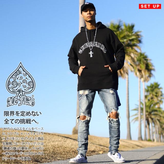 ACE FLAG 上下セット 長袖 ブランド パーカー メンズ 春秋冬用 黒 大きいサイズ エースフラッグ セットアップ フーディ ジーンズ デニム スリム Thug Life サグライフ 2pac ローライダー b系 ストリート系 ハイ 新作 AF-SE-PA-060