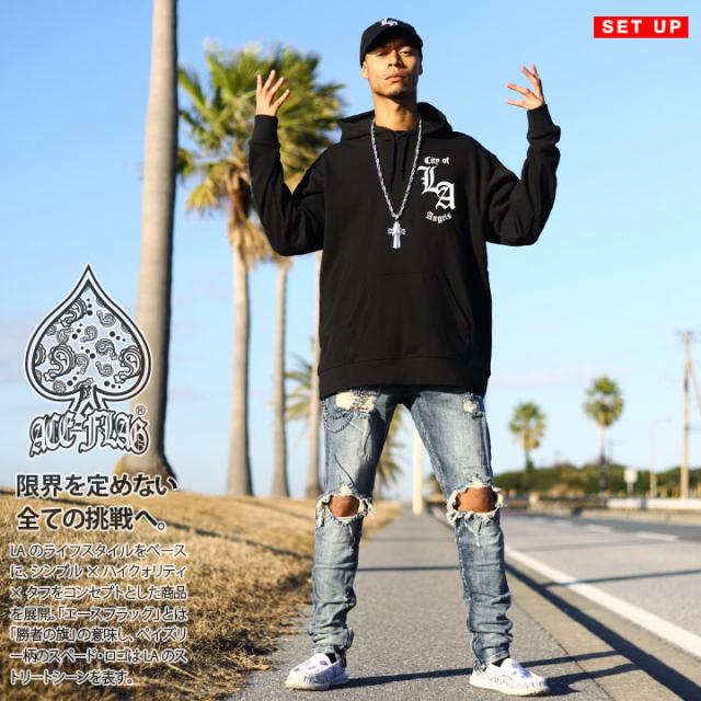 ACE FLAG 上下セット 長袖 ブランド パーカー メンズ 春秋冬用 黒 大きいサイズ エースフラッグ セットアップ フーディ ジーンズ デニム スリム LA City of Angels ローライダー b系 ストリート系 ハイ 新作 AF-SE-PA-065