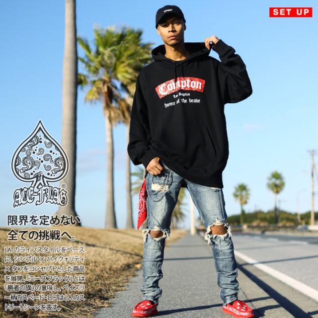 ACE FLAG 上下セット 長袖 ブランド パーカー メンズ 春秋冬用 黒 大きいサイズ エースフラッグ セットアップ フーディ ジーンズ デニム スリム Compton コンプトン ローライダー ペイズリー柄 b系 ストリート系 ハイ 新作 AF-SE-PA-067