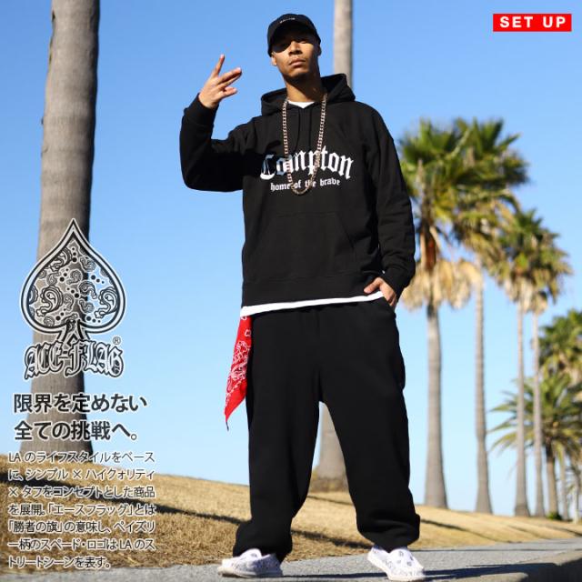 ACE FLAG 上下セット 長袖 ブランド メンズ 春秋冬用 黒 大きいサイズ エースフラッグ セットアップ パーカー フーディ 上下 Compton コンプトン LA ローライダー チカーノ b系 ヒップホップ ファッション ストリート系 ハイ 新作 AF-SE-PA-073