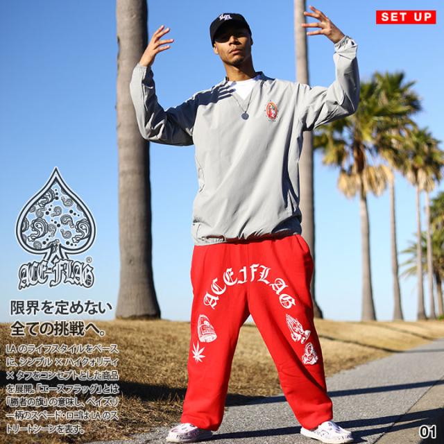 ACE FLAG 上下セット 長袖 メンズ グレー/黒 大きいサイズ エースフラッグ セットアップ ブルゾン アウター ピステ マリア 聖母マリア ロゴ 大麻 マリファナ ヘンプ ドル柄 b系 ヒップホップ ファッション ストリート系 新作 AF-SE-OU-001