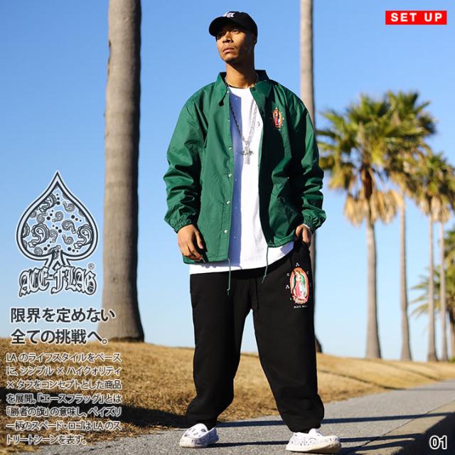 ACE FLAG 上下セット 長袖 メンズ 緑/黒 大きいサイズ エースフラッグ セットアップ ブルゾン アウター ナイロン マリア 聖母マリア コーチジャケット ビッグシルエット b系 ヒップホップ ファッション ストリート系 AF-SE-OU-005