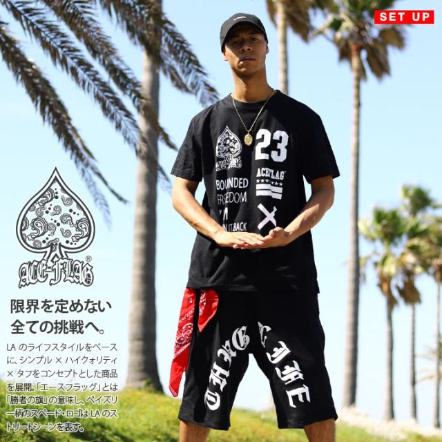 ACE FLAG 上下セット 半袖 ブランド Tシャツ ハーフパンツ メンズ 春夏用 黒 大きいサイズ エースフラッグ セットアップ ゆったり スウェット ペイズリー柄 ビッグシルエット b系 ヒップホップ ストリート系 ハイ 新作 AF-SE-TS-158