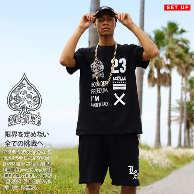 ACE FLAG 上下セット 半袖 ブランド Tシャツ ハーフパンツ メンズ 春夏用 黒 大きいサイズ エースフラッグ セットアップ シンプル オールド文字 ペイズリー ビッグシルエット b系 ヒップホップ ファッション ダンス ストリート系 ハイ 新作 AF-SE-TS-170