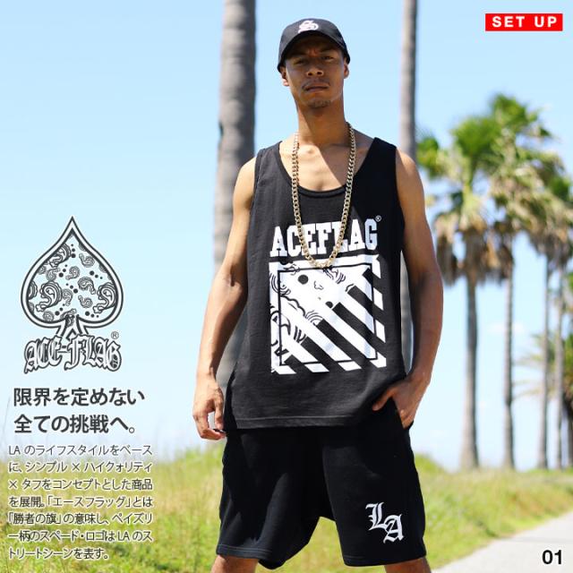 ACE FLAG 上下セット ブランド ノースリーブ Tシャツ タンクトップ ハーフパンツ メンズ 春夏用 黒 白 大きいサイズ エースフラッグ セットアップ 裏パイル ペイズリー柄 ビッグシルエット b系 ヒップホップ ストリート系 ハイ 新作 AF-SE-TK-034