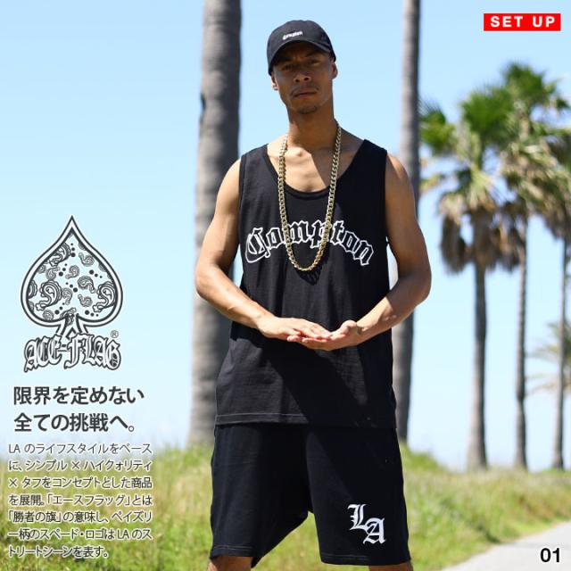 ACE FLAG 上下セット ブランド ノースリーブ Tシャツ タンクトップ ハーフパンツ メンズ 春夏用 黒 白 大きいサイズ エースフラッグ セットアップ Compton コンプトン ビッグシルエット b系 ヒップホップ ストリート系 ハイ 新作 AF-SE-TK-036