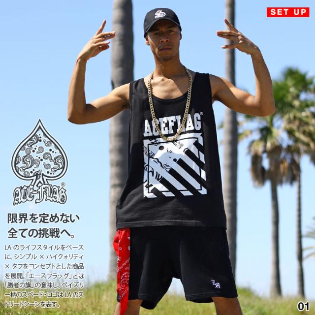 ACE FLAG 上下セット ブランド ノースリーブ Tシャツ タンクトップ ハーフパンツ メンズ 春夏用 黒 白 大きいサイズ エースフラッグ セットアップ ペイズリー柄 バイアス柄 ビッグシルエット b系 ヒップホップ ストリート系 ハイ 新作 AF-SE-TK-041