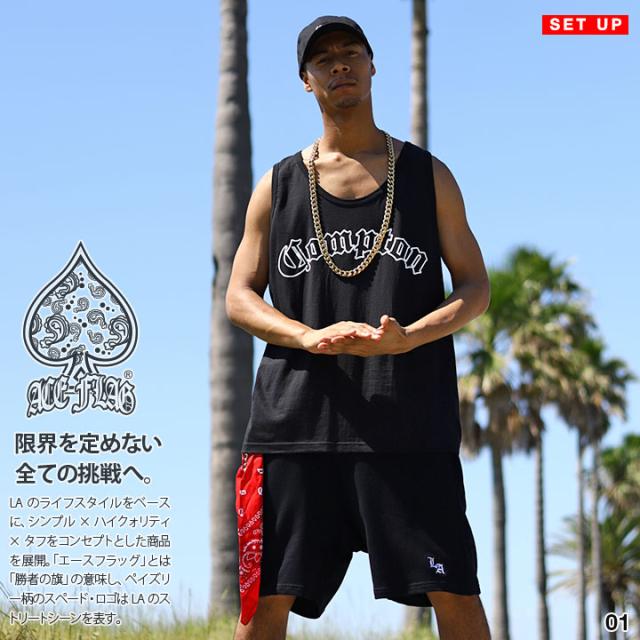 ACE FLAG 上下セット ブランド ノースリーブ Tシャツ タンクトップ ハーフパンツ メンズ 春夏用 黒 白 大きいサイズ エースフラッグ セットアップ Compton コンプトン ビッグシルエット b系 ヒップホップ ファッション ダンス ストリート系 ハイ 新作 AF-SE-TK-043
