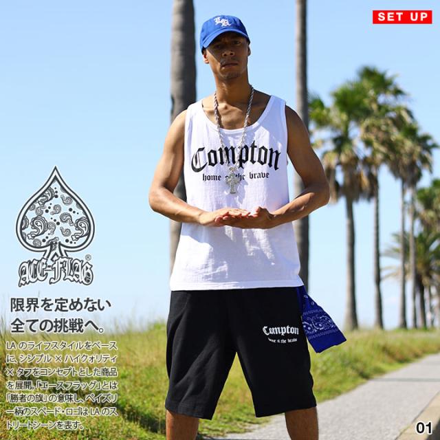 ACE FLAG 上下セット ブランド ノースリーブ Tシャツ タンクトップ ハーフパンツ メンズ 春夏用 白 黒 大きいサイズ エースフラッグ セットアップ シンプル Compton コンプトン ビッグシルエット b系 ヒップホップ ストリート系 ハイ 新作 AF-SE-TK-046
