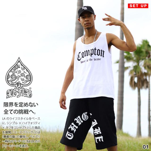 ACE FLAG 上下セット 半袖 ブランド Tシャツ ハーフパンツ メンズ 春夏用 白 黒 大きいサイズ エースフラッグ セットアップ Compton コンプトン THUG LIFE サグライフ 2Pac ビッグシルエット b系 ヒップホップ ストリート系 ハイ 新作 AF-SE-TK-047