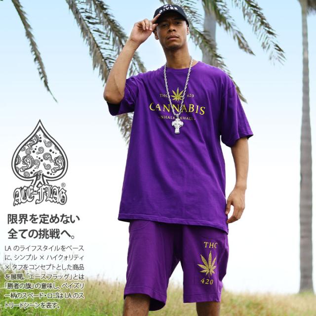 ACE FLAG 上下セット 半袖 ブランド Tシャツ ハーフパンツ メンズ 春夏用 全3色 大きいサイズ エースフラッグ セットアップ 裏パイル バッズ 大麻 マリファナ ヘンプ ロゴ ビッグシルエット b系 ヒップホップ ファッション ストリート系 ハイ 新作 AF-SE-TS-178