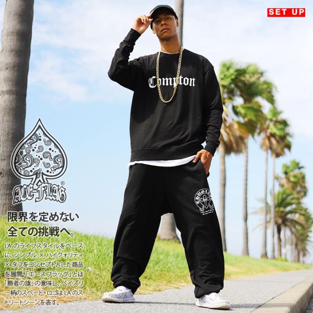 ACE FLAG 上下セット 長袖 ブランド メンズ 春秋冬用 黒 大きいサイズ エースフラッグ セットアップ トレーナー スウェット 裏パイル スウェットパンツ Compton コンプトン ビッグシルエット b系 ヒップホップ ストリート系 ハイ AF-SE-SW-071