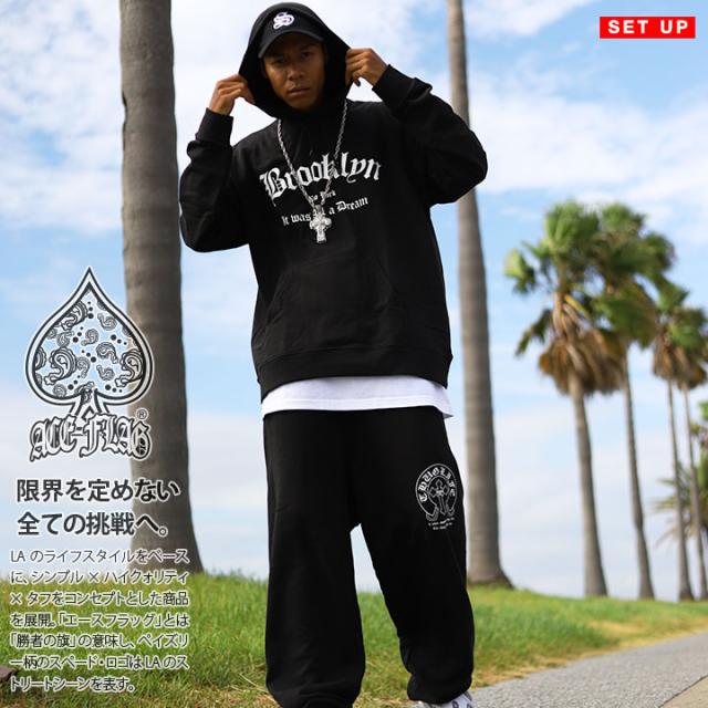 ACE FLAG 上下セット 長袖 ブランド メンズ 春秋冬用 黒 大きいサイズ エースフラッグ セットアップ パーカー スウェット 裏パイル Brooklyn ブルックリン ニューヨーク 2Pac 馬蹄 ビッグシルエット ヒップホップ ストリート系 ハイ AF-SE-PA-090