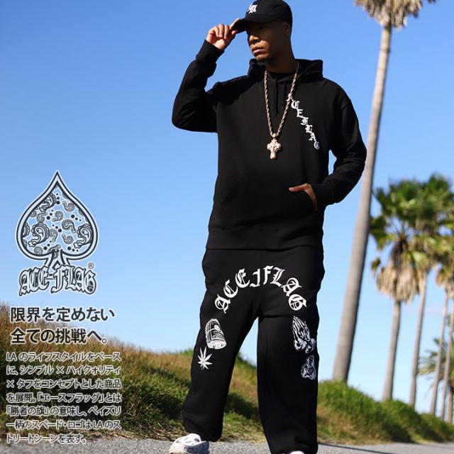 ACE FLAG 上下セット 長袖 ブランド メンズ 黒 大きいサイズ エースフラッグ セットアップ パーカー フーディ スウェット 裏パイル スウェットパンツ オールド文字 アーチロゴ CS ビッグシルエット ヒップホップ ストリート系 AF-SE-PA-099