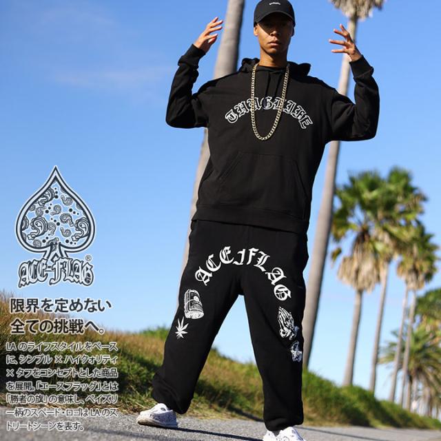 ACE FLAG 上下セット 長袖 ブランド メンズ 春秋冬用 黒 大きいサイズ エースフラッグ セットアップ パーカー スウェット 裏パイル スウェットパンツ THUG LIFE ビッグシルエット 大麻 マリファナ ヘンプ ヒップホップ ストリート系 AF-SE-PA-101