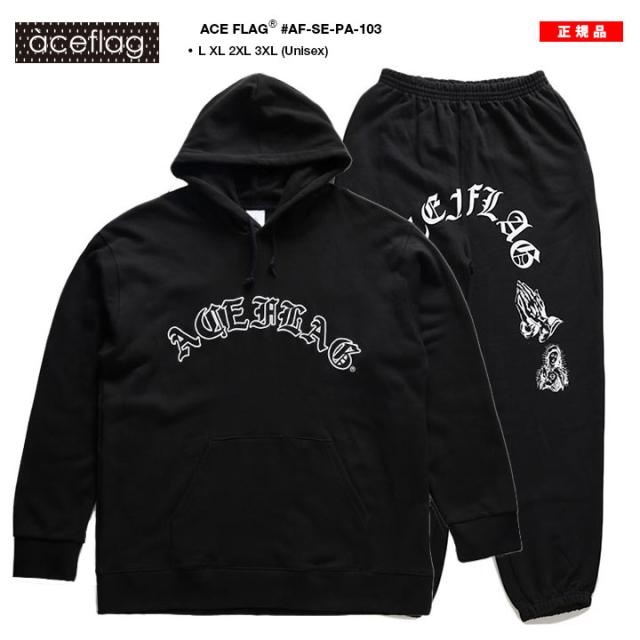 ACE FLAG 上下セット 長袖 ブランド メンズ 黒 大きいサイズ エースフラッグ セットアップ パーカー フーディ 裏パイル スウェットパンツ 大麻 マリファナ ヘンプ ロゴ オールド文字 ビッグシルエット ヒップホップ ストリート系 AF-SE-PA-103