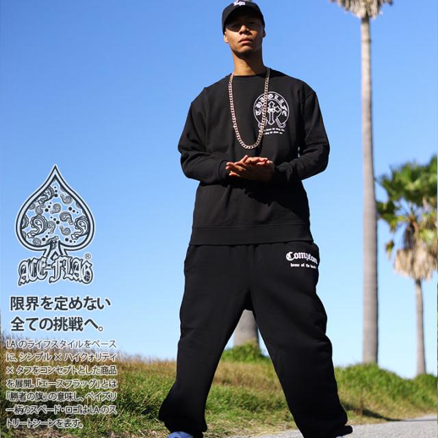 ACE FLAG 上下セット 長袖 ブランド メンズ 春秋冬用 黒 大きいサイズ エースフラッグ セットアップ トレーナー 裏パイル スウェットパンツ 2Pac 馬蹄 Compton コンプトン バロック ビッグシルエット ヒップホップ ストリート系 AF-SE-SW-105