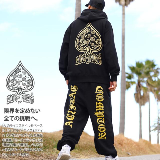 ACE FLAG 上下セット 長袖 ブランド メンズ 黒 白 大きいサイズ エースフラッグ セットアップ パーカー フーディ スウェット 裏パイル スウェットパンツ ペイズリー柄 スペード トランプ ヒップホップ ファッション ストリート系 AF-SE-PA-104
