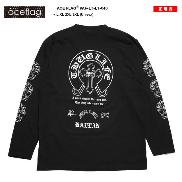 ACE FLAG ロンT 馬蹄 十字架 袖ロゴ メンズ 春秋冬用 黒 大きいサイズ エースフラッグ Tシャツ 長袖 おしゃれ シンプル ギフト 父の日 オーバーサイズ ビッグシルエット b系 ...